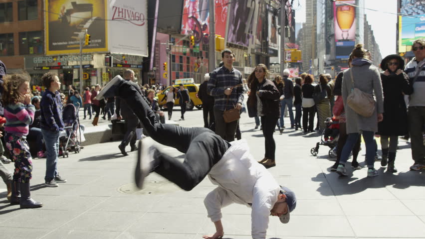 NEW YORK - APR 11, 2015: Hip Hop Breakdancer Doing Difficult Dance Move ...