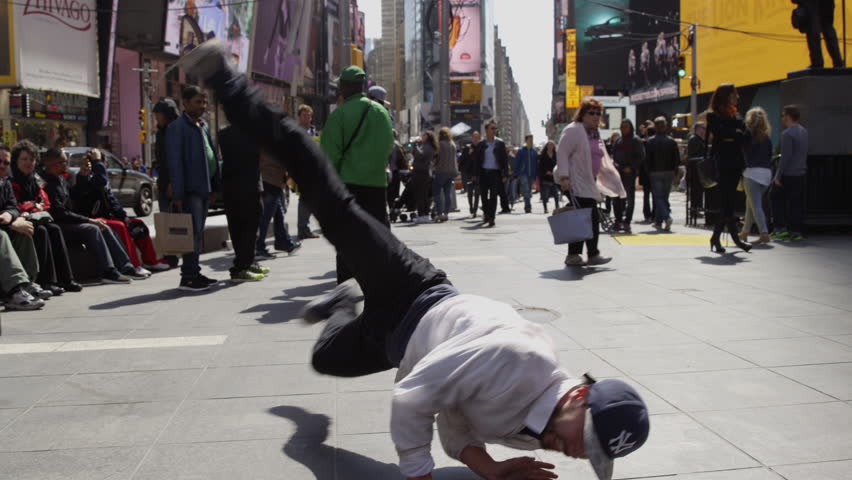 NEW YORK - APR 11, 2015: Hip Hop Breakdancer Doing Difficult Dance Move ...