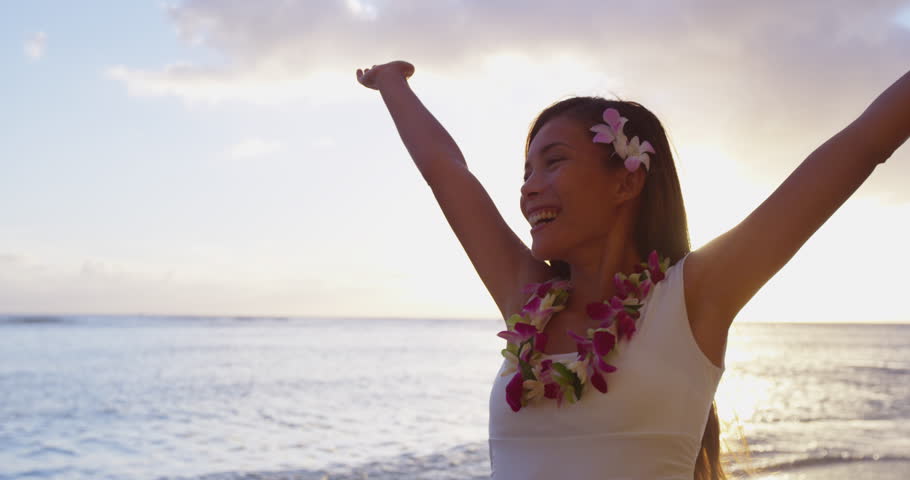 Hawaii Travel Vacation. Happy Serene Woman On Hawaii Beach Enjoying ...