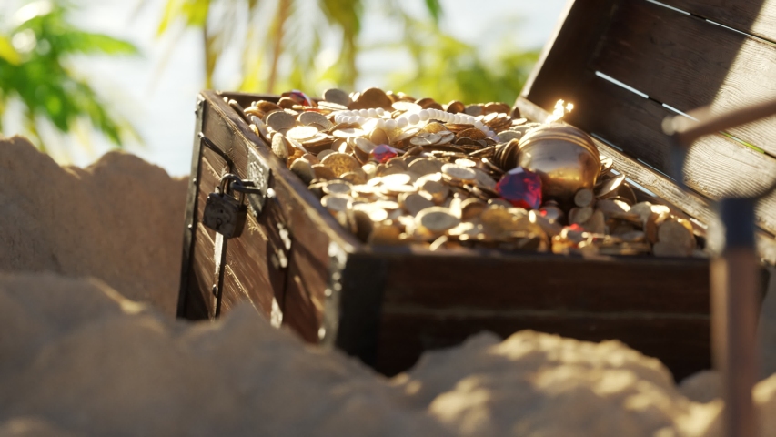 Treasure Chest with Coins in the Sand image - Free stock photo - Public ...