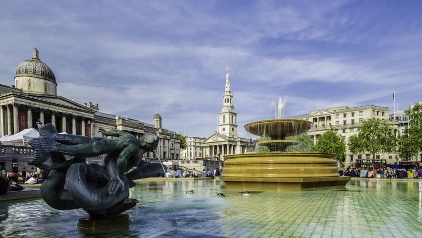 Time Lapse View Of Trafalgar Square, London With Fountains And The ...
