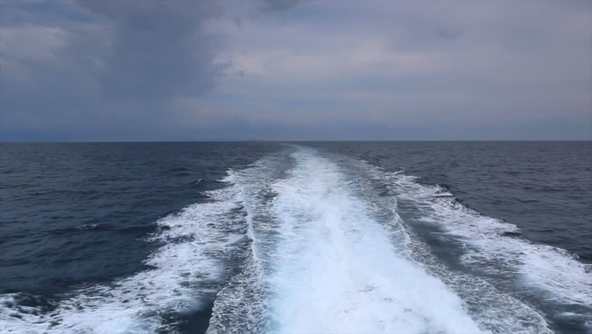 Wide Of Cruise Ship's Wake Or Water Trail In The Ocean With Ship ...