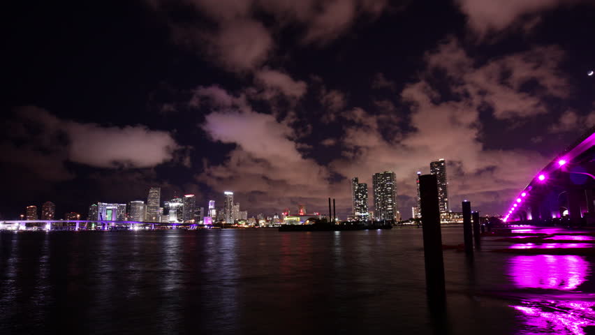 Time Lapse Of Miami Skyline At Night With Clouds Passing By Stock ...