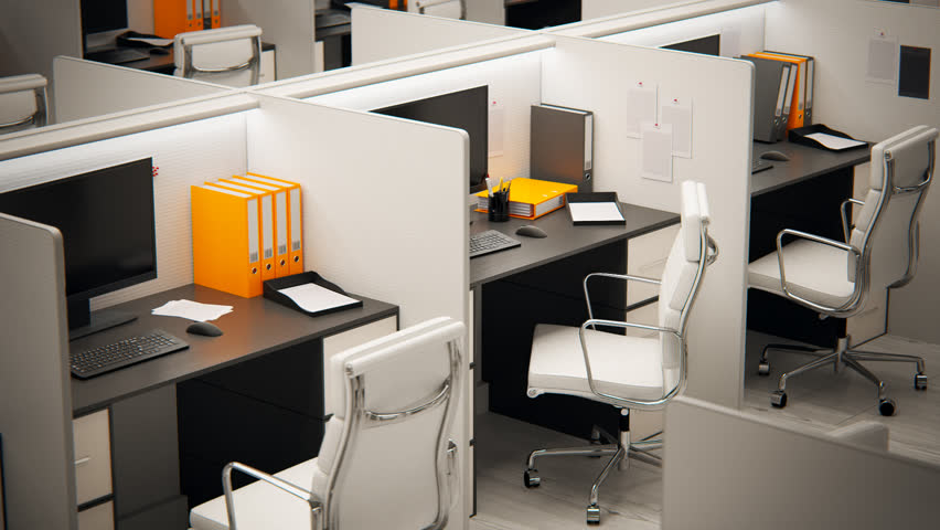02309 High Angle View Of Cubicles With Chairs And Computers In Office ...