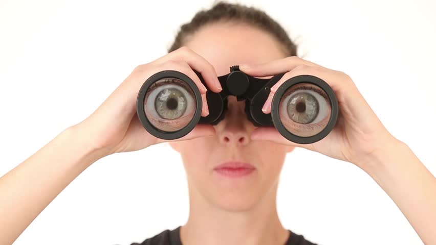Young Woman Searching With Binoculars, Rolling Eyes Around With ...