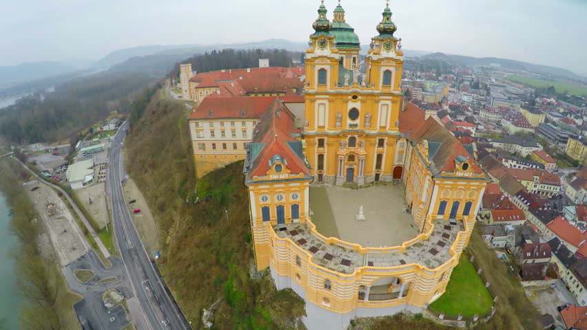 Amazing Flyover View Of Melk Abbey, Austria. Beautiful Building In ...