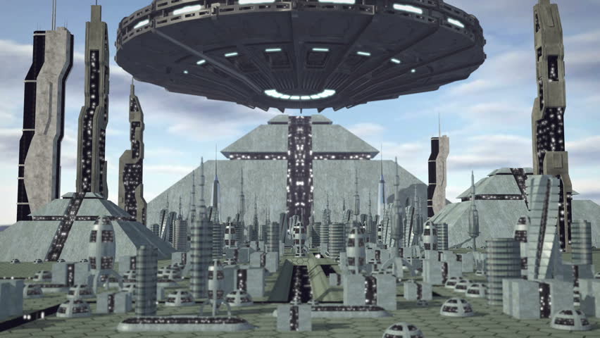 UFO Flying Above Futuristic Pyramid City 4K. 3d Rendering. Stock ...