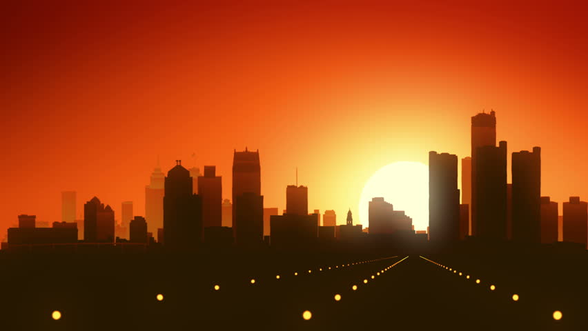 Skyline Silhouette Reflecting In Water. Cityscape Background At Sunset ...