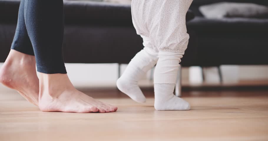 Baby First Steps, Slow Motion 120 Fps, 4K DCi. Mother Is Teaching Her ...