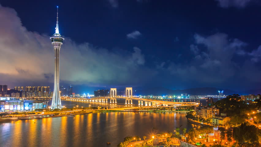 Macau Tower And Macau Bridge Day To Night Time Lapse Of Macau China ...