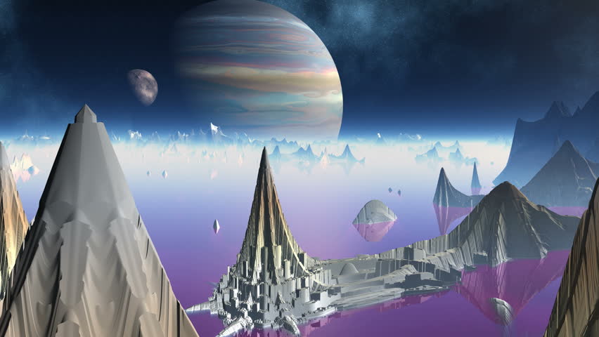 The Huge Planet Towers Over The Horizon. Low Mountains Stand Among ...