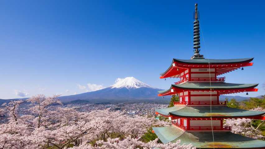 Mt. Fuji With Chureito Pagoda In Spring, Fujiyoshida, Japan Stock ...