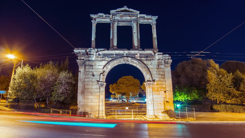 4K Athens Gate Of Hadrian Roman Ruins Night Traffic Timelapse In Athens ...