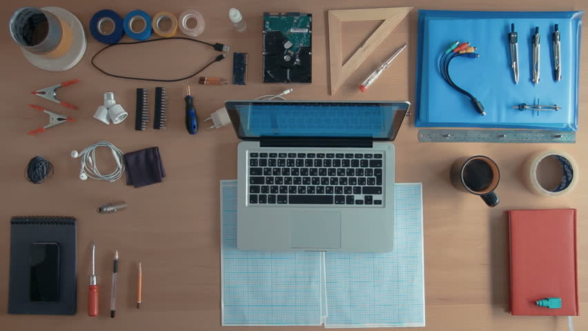 Typing On A Laptop On A Busy Desk, Top View, MS Stock Footage Video ...