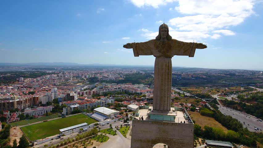 Christ The King (Cristo Rei) Statue In Almada, Lisbon, Portugal, Aerial ...