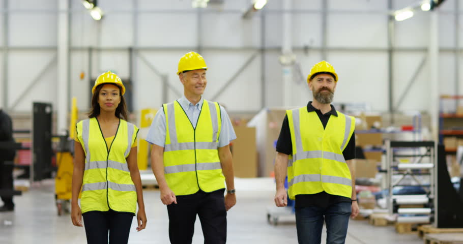 4K Happy & Confident Workers In Modern Factory, Walking Through The ...