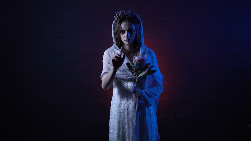 Ghost Of Lonely Dead Bride In White Wedding Dress And Veil Standing ...