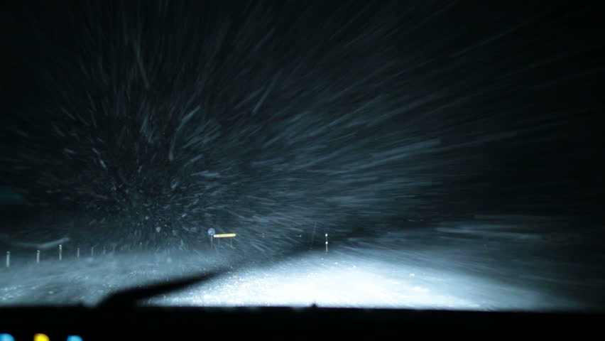 Snow Flying At Windshield While Car Driving At Winter Night. Loop ...