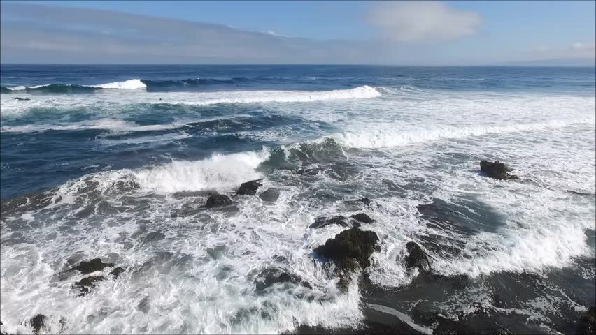 Sea Foam Ocean Breaking Whitecap Waves Washing Beach Sand. Fishing Boat ...