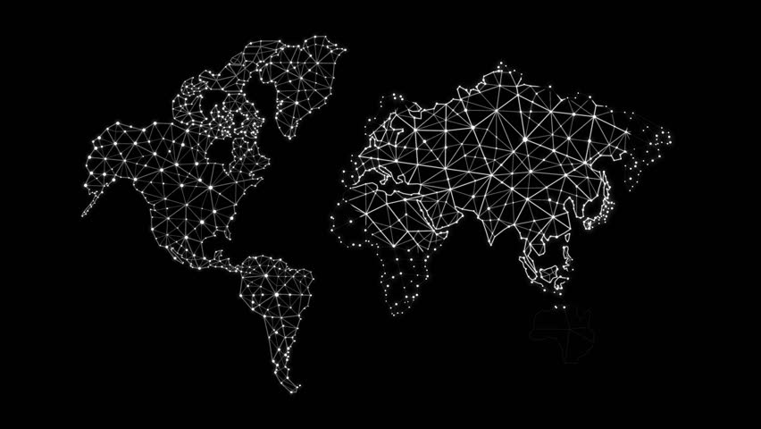 Network Lines Lighting Up World Map 4K. Black And White Version. Very ...
