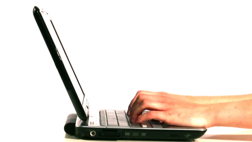 Hands Type On A Laptop Computer, While The Right Side Of The Screen Has ...