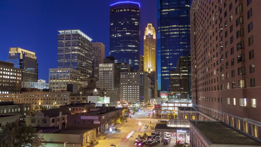 Minneapolis Downtown Skyline And Intersection Timelapse At Night Stock ...