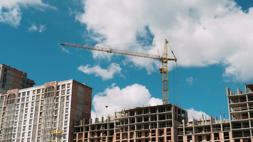 Building Of Residential Buildings, Timelapse, Construction Crane. 4k ...