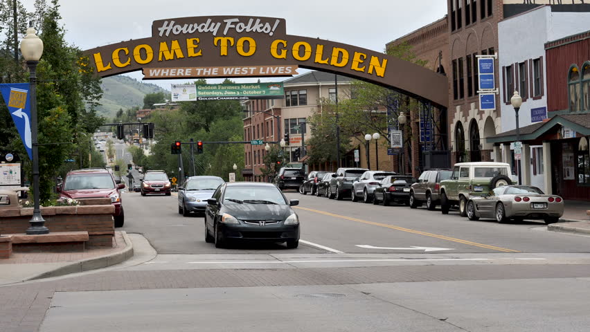 GOLDEN, COLORADO - 2 JUN 2017: Golden Colorado Traffic Downtown Welcome ...