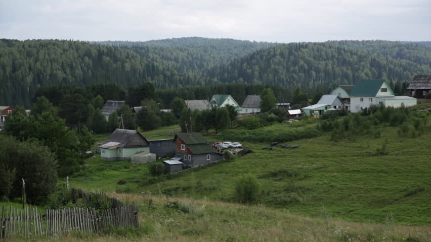 Aerial Typical Russian Countryside Landscape Village With Church On ...