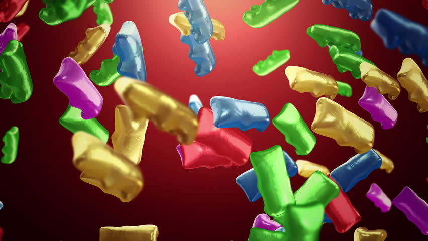 Animation Of Falling Jelly Candy Bears On Colorful Background ...