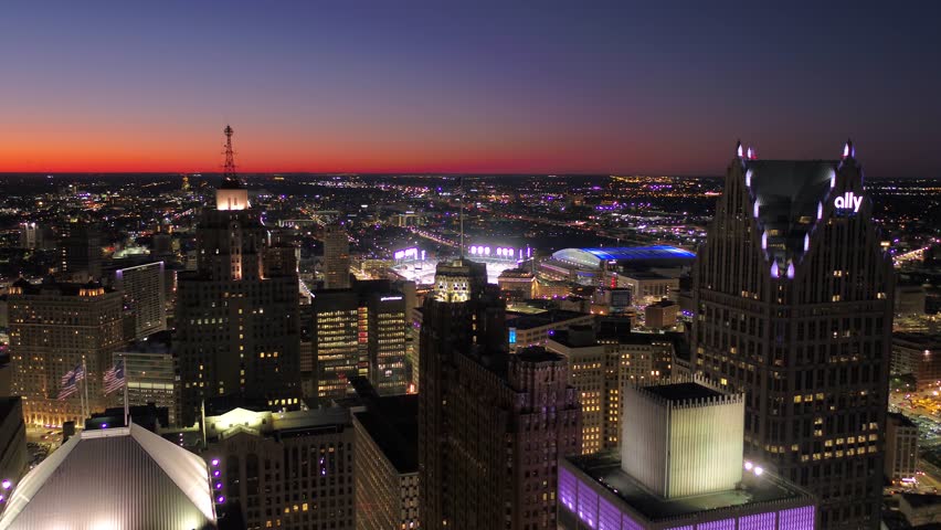 Detroit skyline with night lights in Michigan image - Free stock photo ...