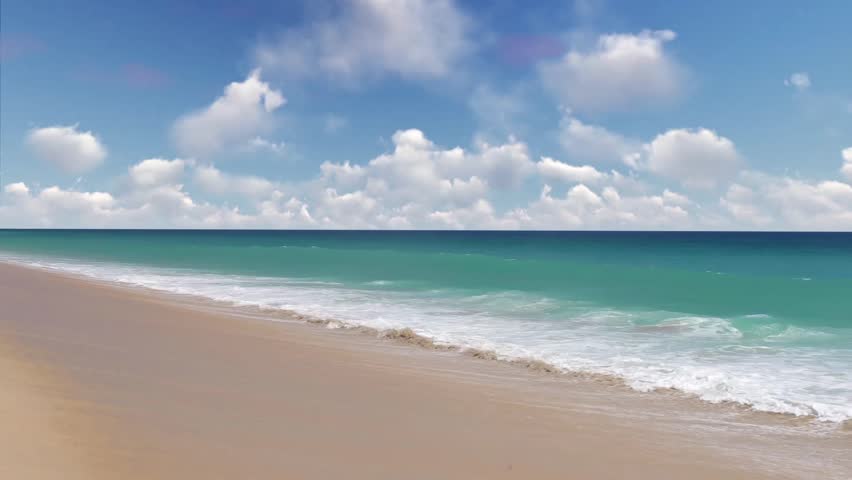 Tropical Beach. Ocean Waves And Cloudy Sky Background. White Sand And ...