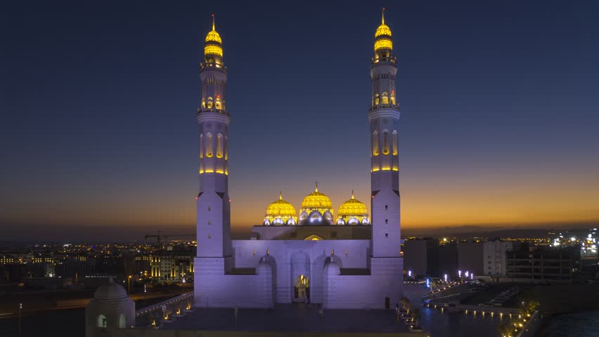 Aerial Time Lapse Of A Beautiful Bawshar Mosque At Sunset In Muscat ...