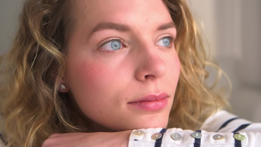 Caucasian Woman Looking Through The Window With A Smile Stock Footage ...
