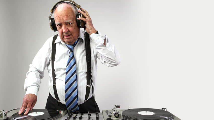 A Very Funky Elderly Grandpa Dj Mixing Records With Gramophones Stock ...