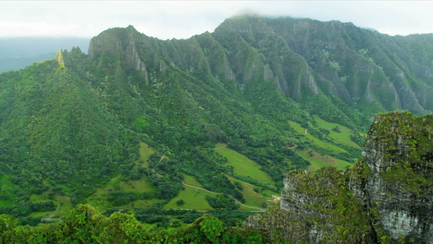 Aerial Landscape View Ridges Of Volcanic Lava On Steep Sided Lush ...
