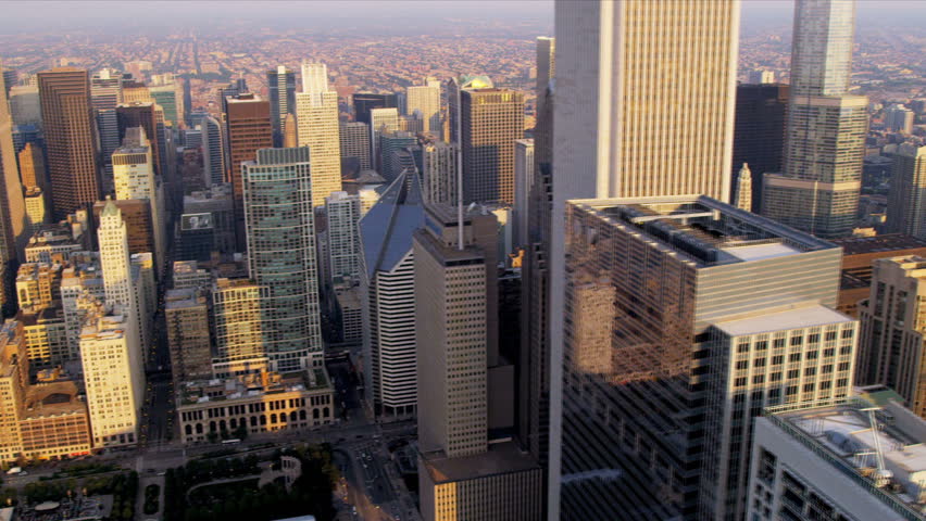 Aerial Cityscape Sunrise View Of Cloud Gate, Bean And Popular Chicago ...