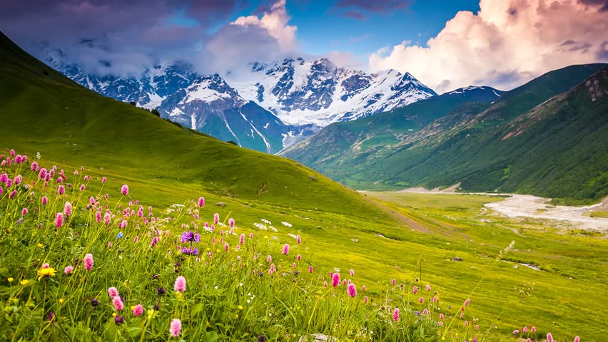 Majestic Sunset At The Foot Of Mt. Shkhara. Dramatic Sky. Upper Svaneti ...