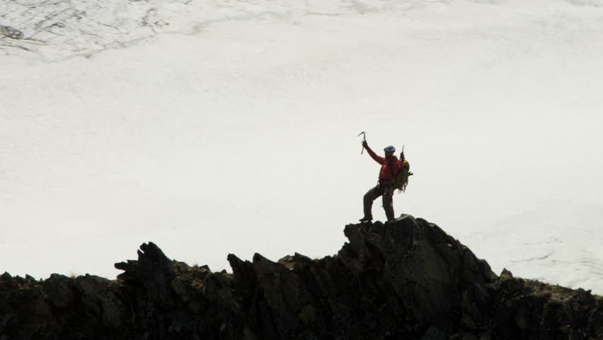 Climber Reaching Top Of A Mountain Raising Hands Success Colorful ...