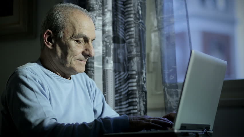 Old Man In Front Of Computer Screen. Dark Night Room And Blue Light ...
