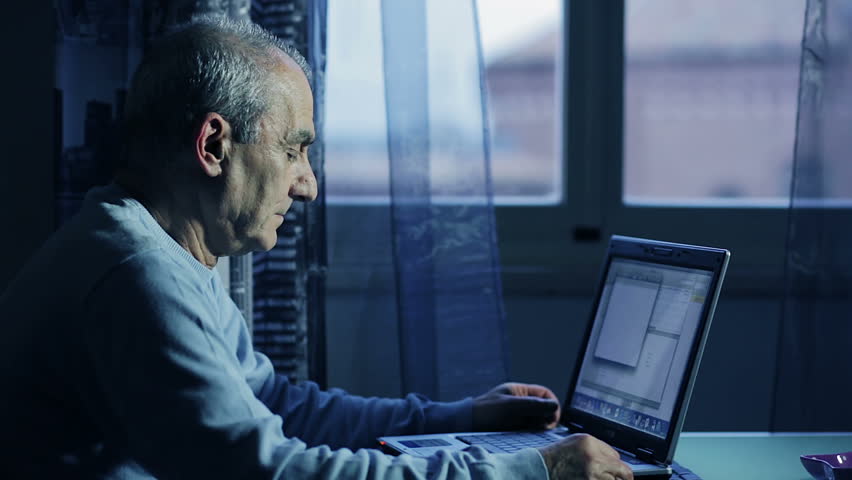 Old Man In Front Of Computer Screen. Dark Night Room And Blue Light ...
