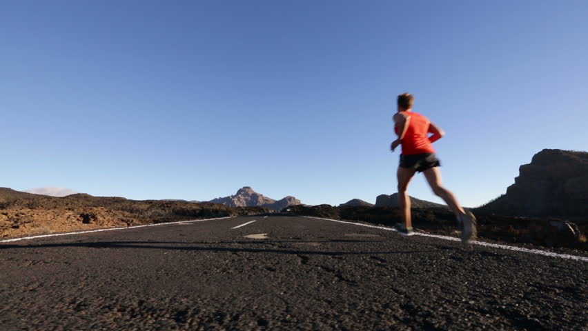 Runner - Athlete Man Running Training Outdoors Exercising On Mountain ...