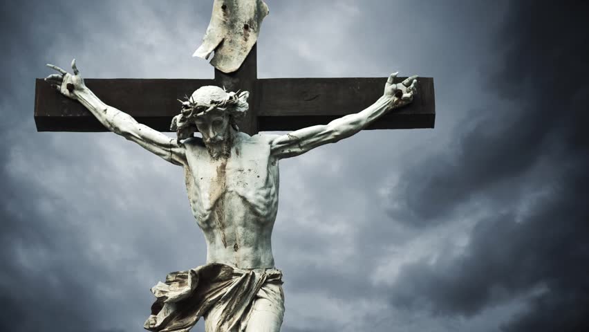 Jesus Christ Crucified. The Crucifixion. Christian Cross With Jesus Christ Statue Over Stormy ...