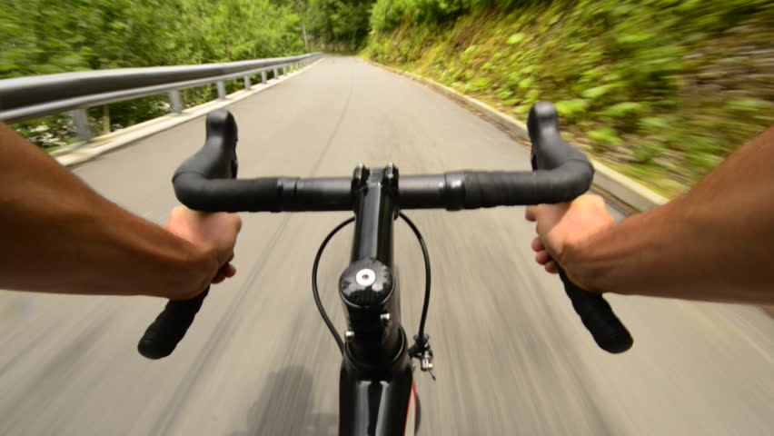 Speed Riding Downhill A MTB Bike On Mountain Dirt Road. View From First ...