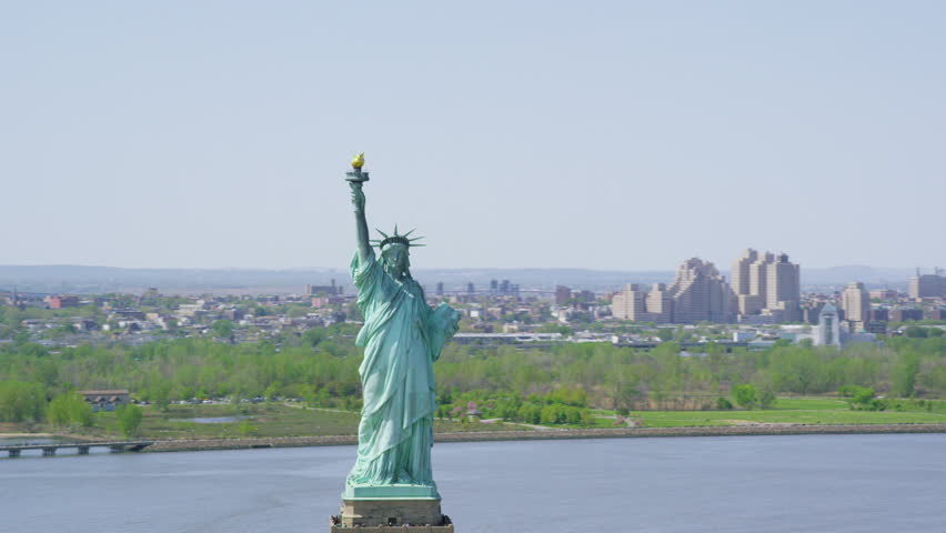Helicopter Aerial View Of Statue Of Liberty, New York City State ...