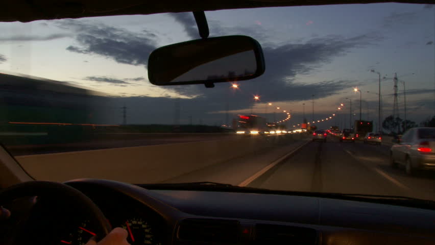 Driving A Car On A Freeway / Interstate Road. Front Dashboard POV ...