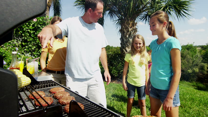 Happy Family Young Female Siblings Girls Smiling Mother Father Grill ...