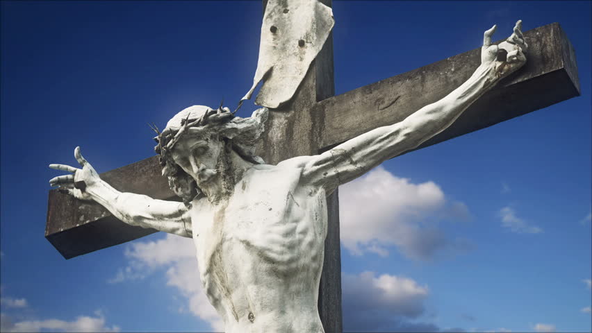 Crucifixion. Christian Cross With Crucified Jesus Christ Statue Over Dark Clouds Time Lapse ...