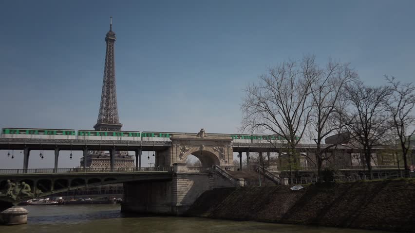 Cargo Ship Seine River Eiffel Tower, Paris - 60fps Big Cargo Ship In ...